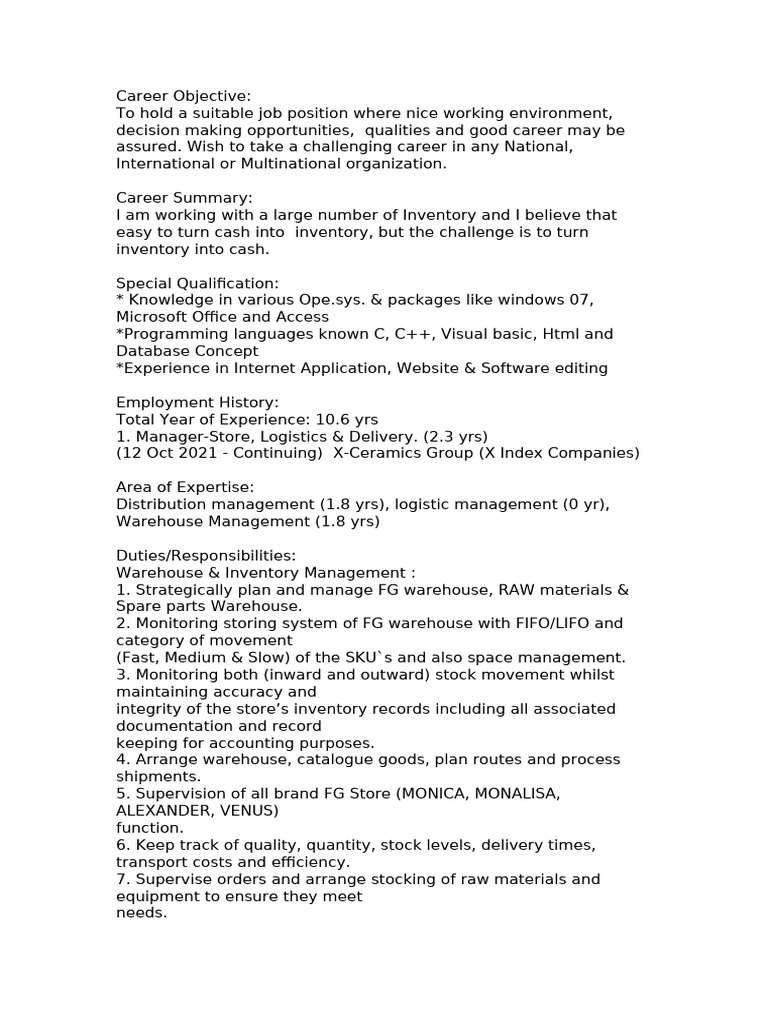 Career Objective - Docx Azom | PDF | Logistics | Warehouse