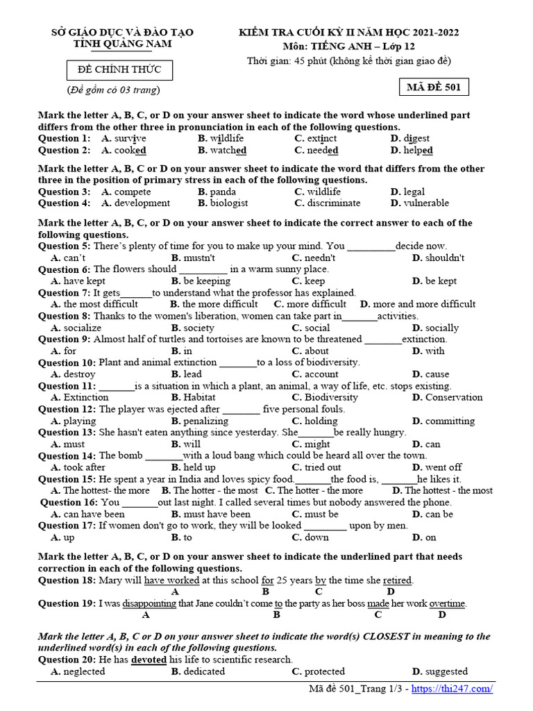 De Kiem Tra Cuoi Ky 2 Tieng Anh 12 Nam Hoc 2021 2022 So Gddt Quang Nam | PDF