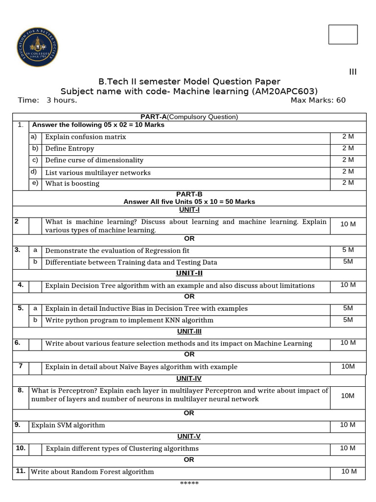 III-II CSM Machine Learning - Model QPaper | PDF | Machine Learning | Learning