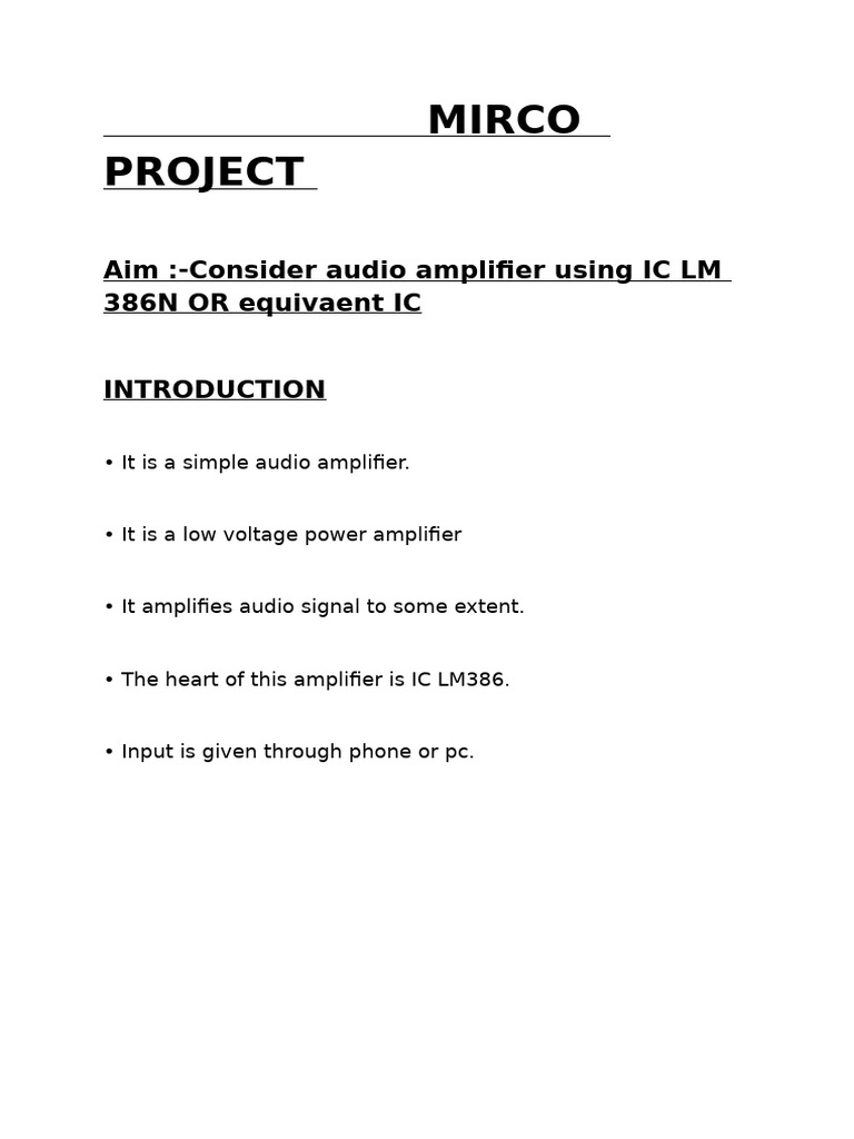 Mirco Project: Aim:-Consider Audio Amplifier Using IC LM 386N OR ...