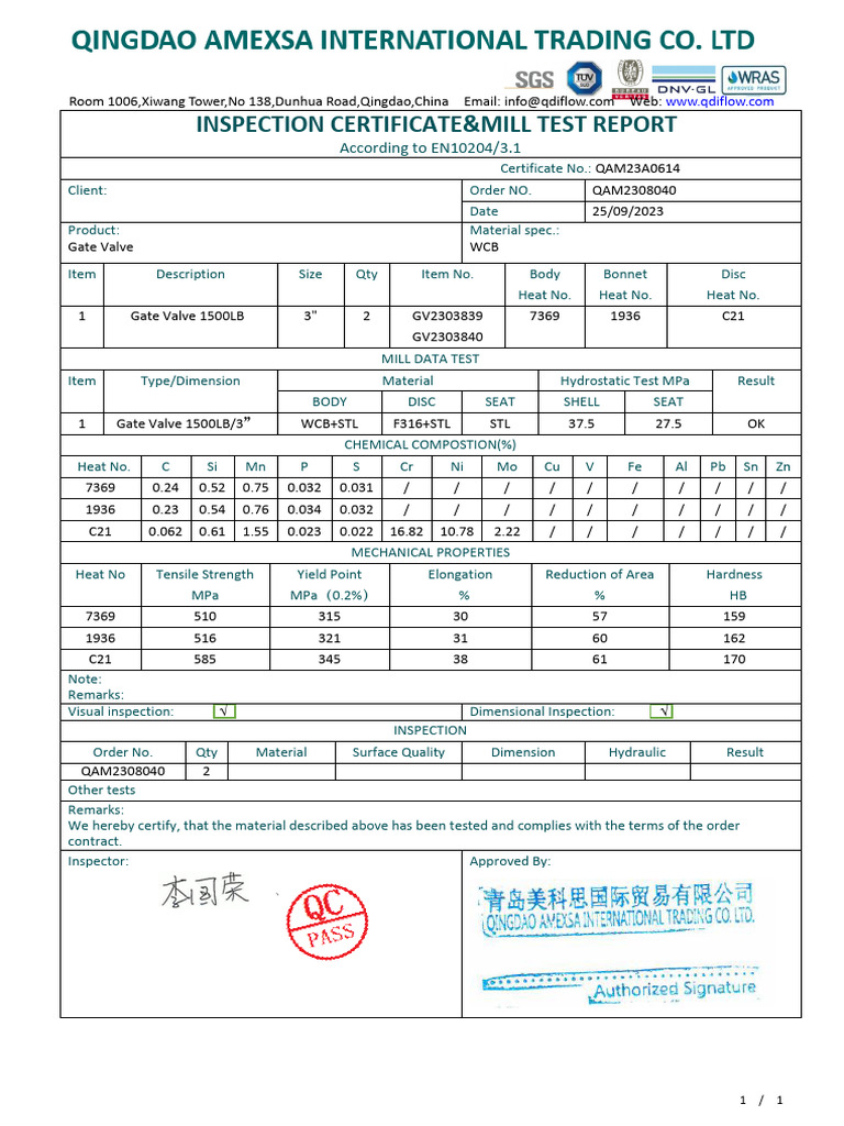 INSPECTION CERTIFICATE&MILL TEST REPORT - Gate Valve | PDF | Valve ...