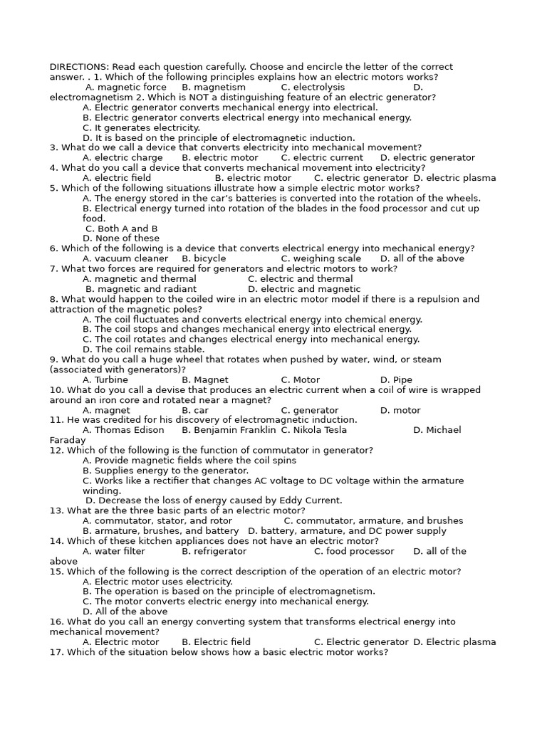 Formative Assessment Electric Motor and Generator 2 | PDF | Electric ...