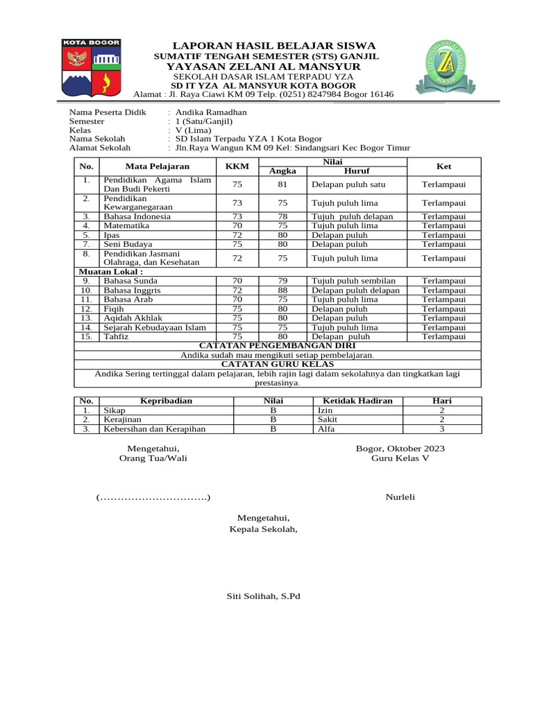 Rapor PTS GANJIL 2023-2024 | PDF