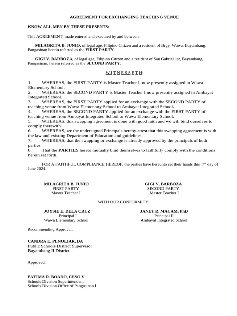 AGREEMENT FOR EXCHAnge Small | PDF | Social Science | Self-Improvement