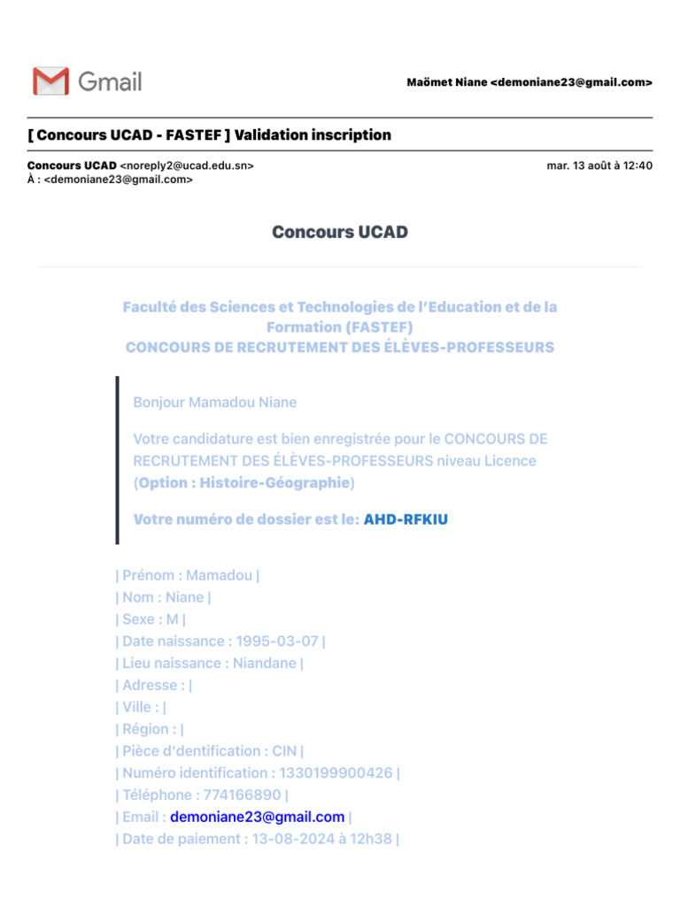 (Concours UCAD - FASTEF) Validation Inscription | PDF