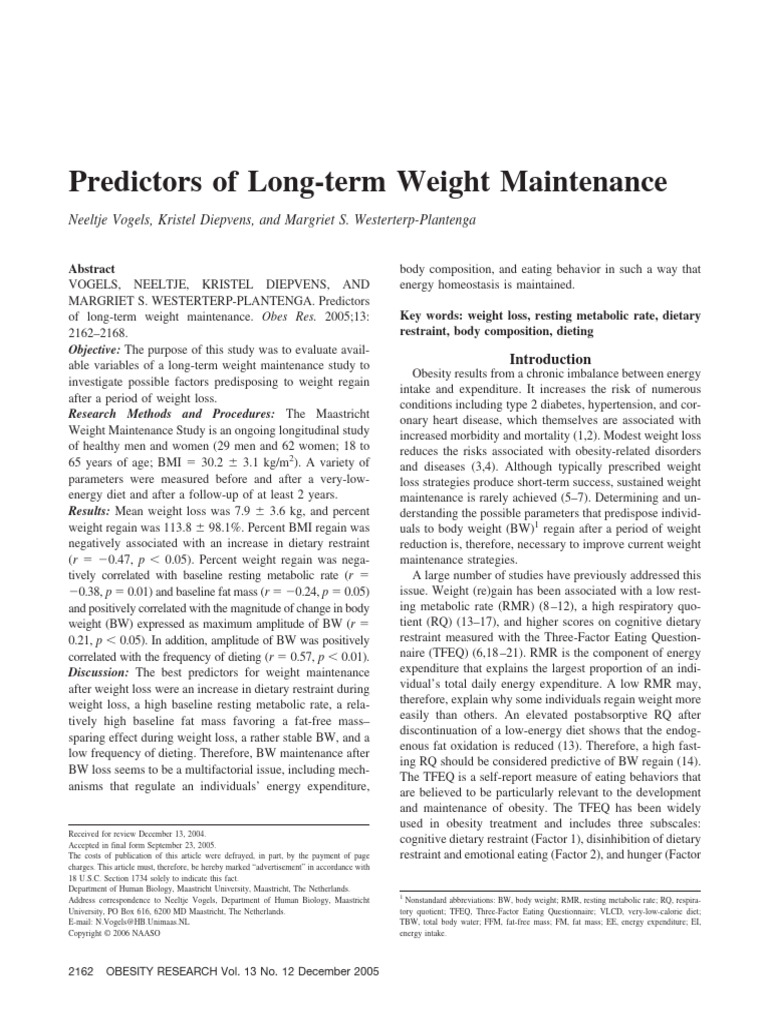 Predictors of Long-Term Weight Maintenance | PDF | Weight Management ...