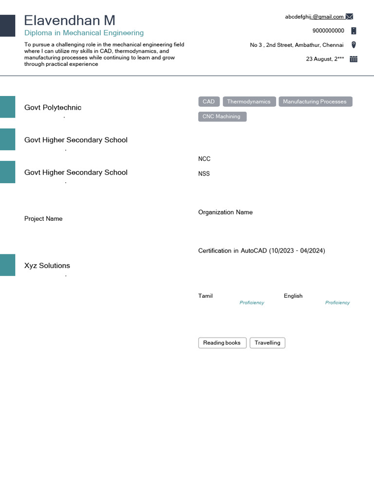TNSDC - Polytechnic - Resume Format | PDF | Mechanical Engineering ...