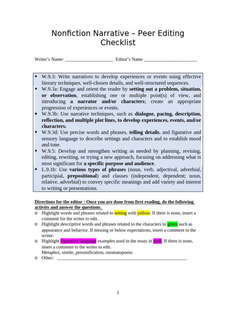 Gr. 9 Monday, Oct.17 (W.9.3 Nonfiction Narrative Peer Editing Sheet ...