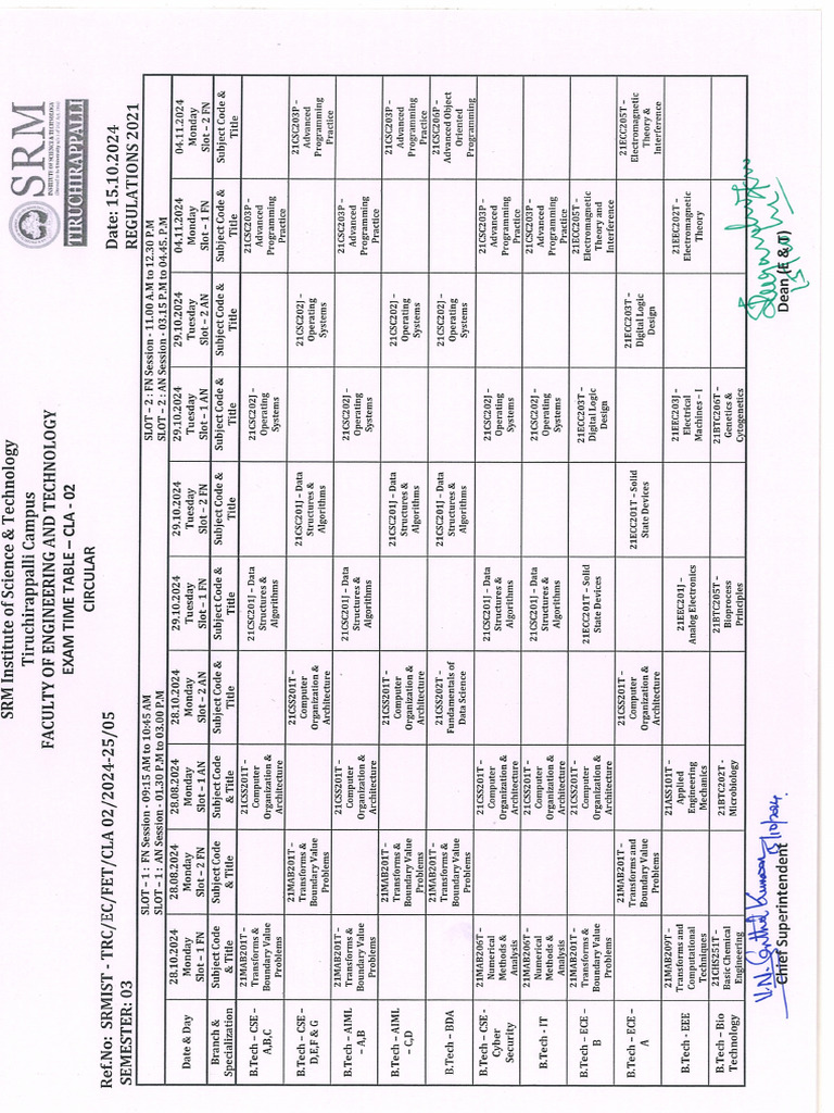 01 Time Table CLA 02 - Second Year and Third Year - BTech FET | PDF