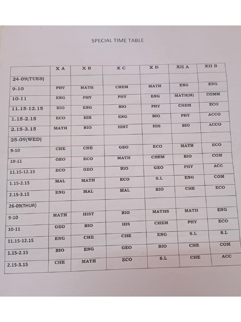 Special Timetable - Class X and XII (1) | PDF