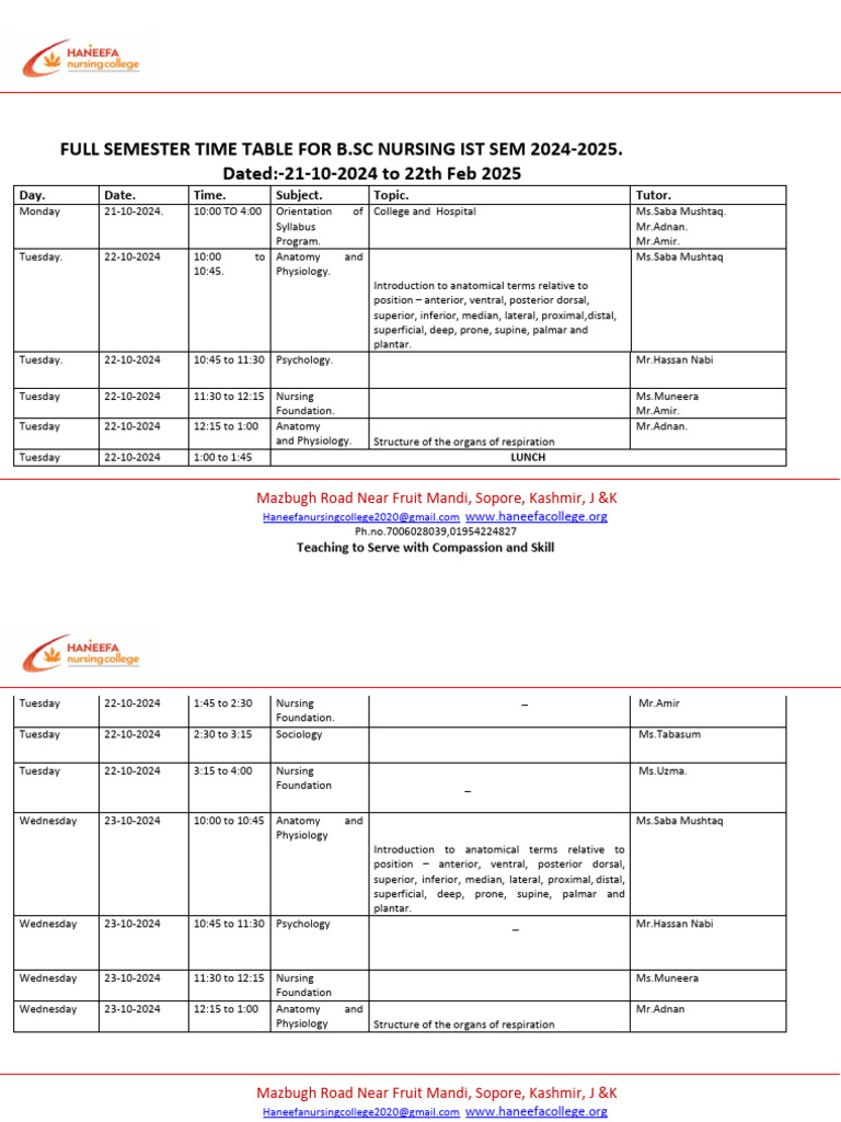 Time Table B.SC Ist Sem 2024-2025 | PDF | Anatomical Terms Of Motion | Anatomical Terms Of Location