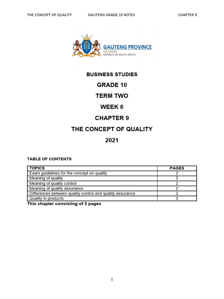 Grade 10 Business Quality Notes | PDF | Quality Assurance | Employment