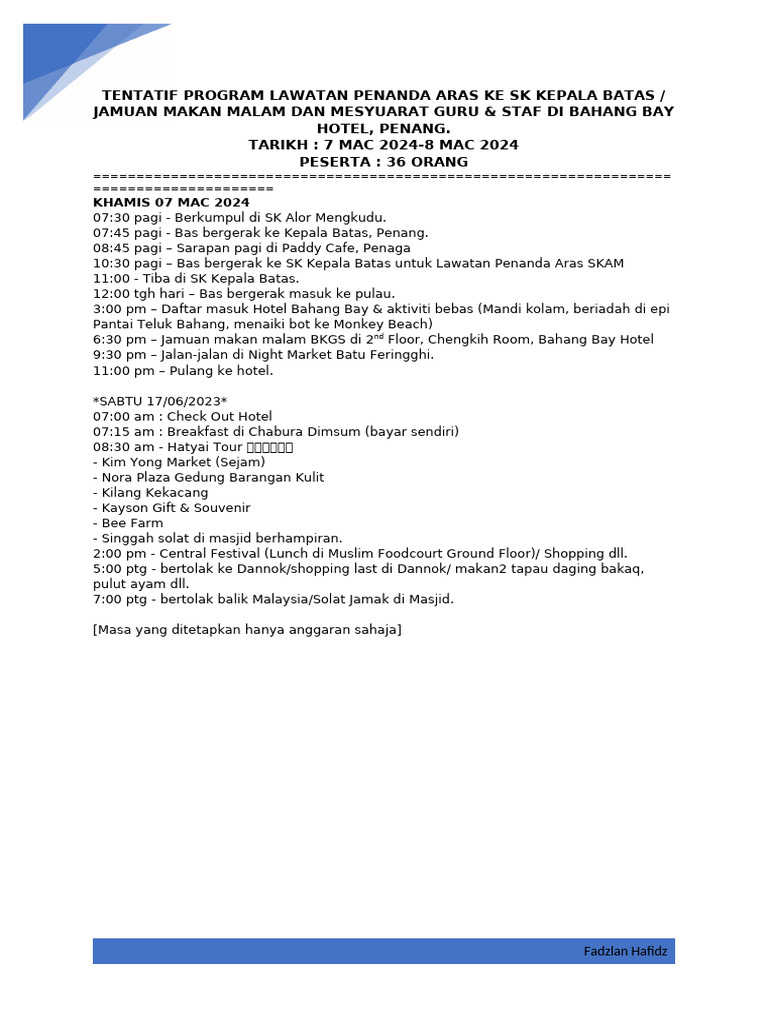 Tentatif Bahang Bay Hotel | PDF