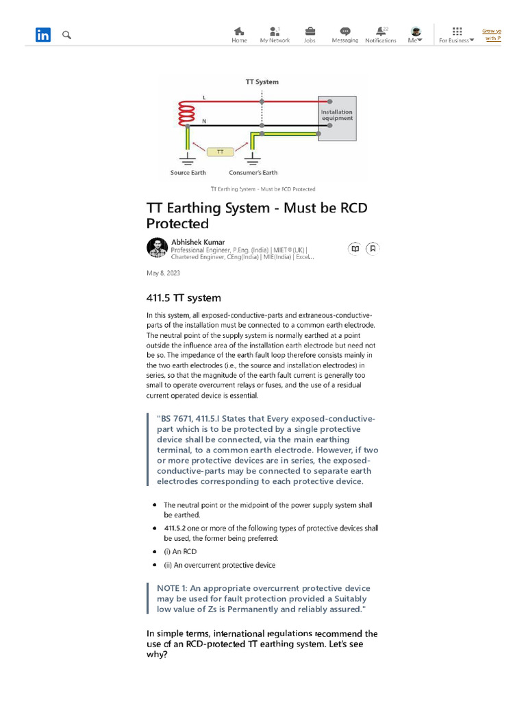 TT Earthing System - Must Be RCD Protected | PDF