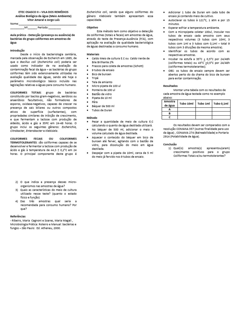 Aula Prática 1 - ABA - Coliformes Totais e Fecais - Detecção | PDF ...