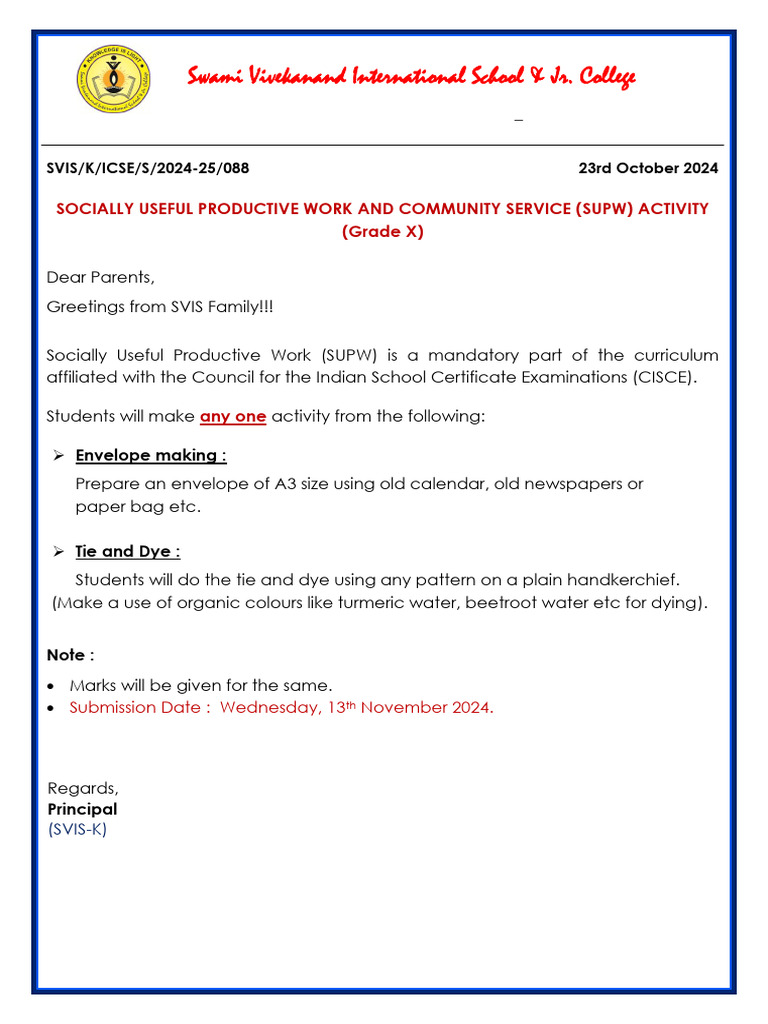 Grade X Supw Activity 2024 25 Pdf