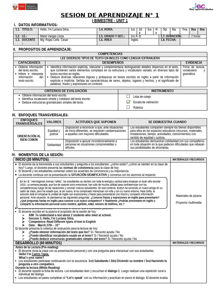 Sesion de Aprendizaje N°1 - 2023 - Ciclo Vi - Unit 1 | PDF | Aprendizaje | Cognición