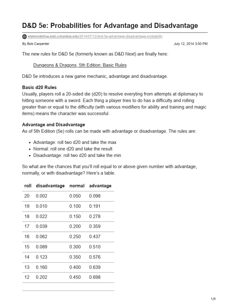 D&D 5e Probabilities For Advantage and Disadvantage | PDF | Dungeons ...