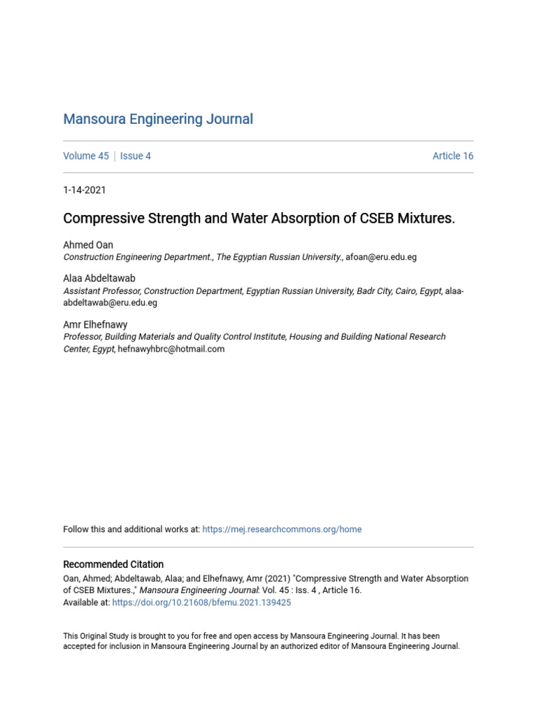 Compressive Strength and Water Absorption of CSEB Mixtures. | PDF | Cement | Materials