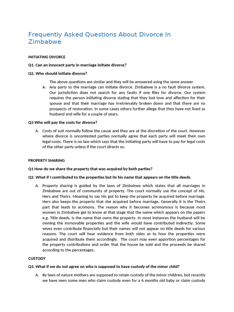 Frequently Asked questions about Divorce in Zimbabwe | PDF | Divorce ...
