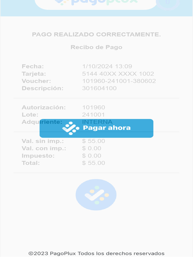 Recibo de Pago Confirmado - $55.00 | PDF