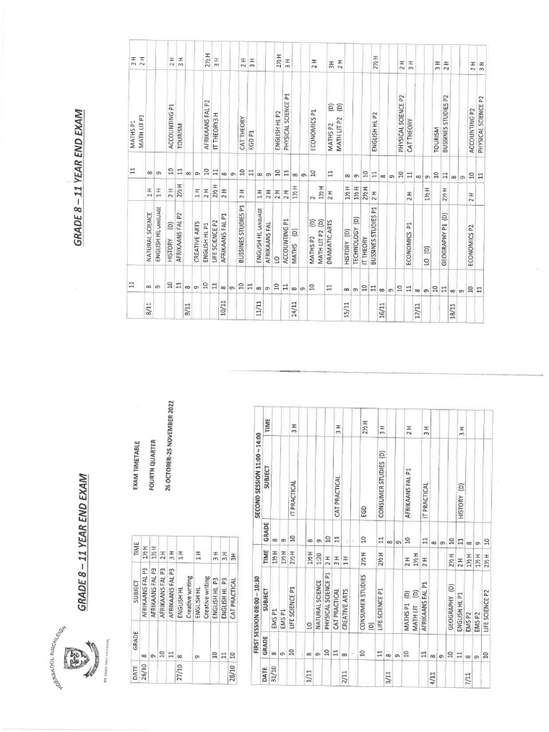 Gr 8-11_Exam_Timetable | PDF