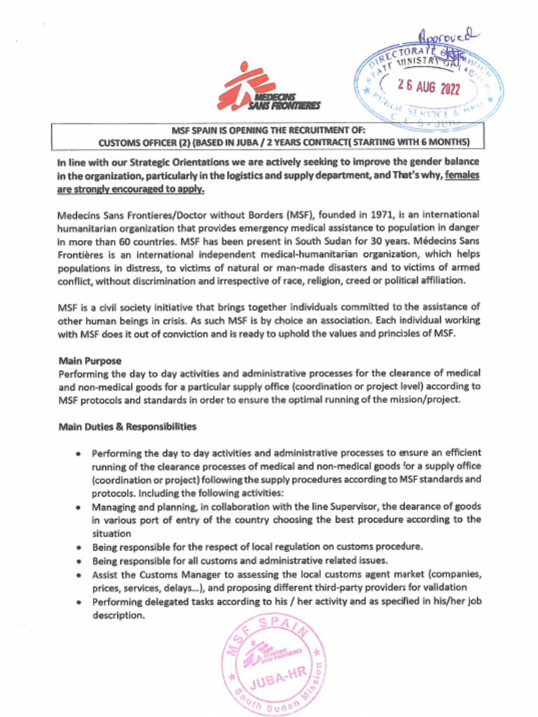 Customs Officer MSF Spain Juba (1) | PDF