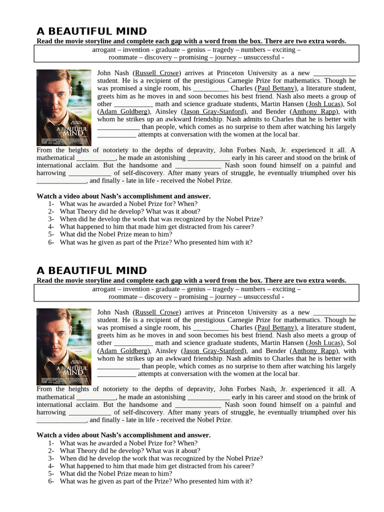 A Beautiful Mind Pre watching activities | PDF