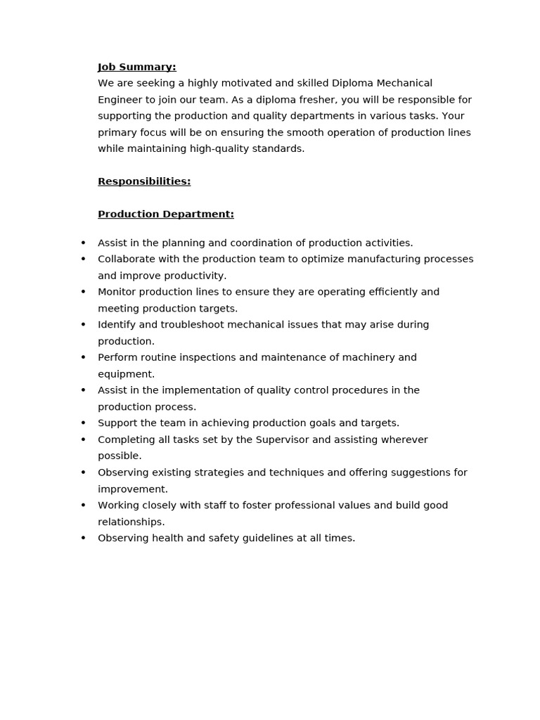 JD for Diploma Trainees | PDF | Quality Management | Audit