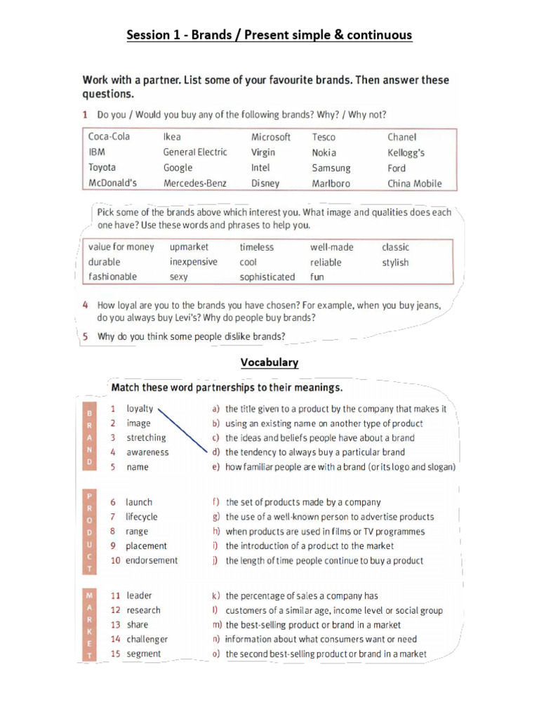 B1 Business - Session 1 Brands Present simple & continuous- General 20h Student | PDF