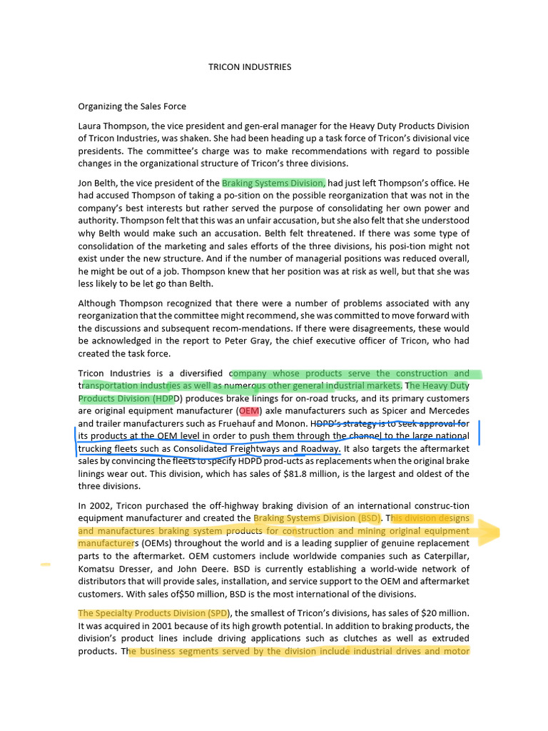 Tricon Industries Sales Force Reorganization | PDF
