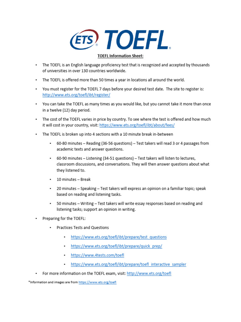 TOEFL Information Sheet 1 | PDF
