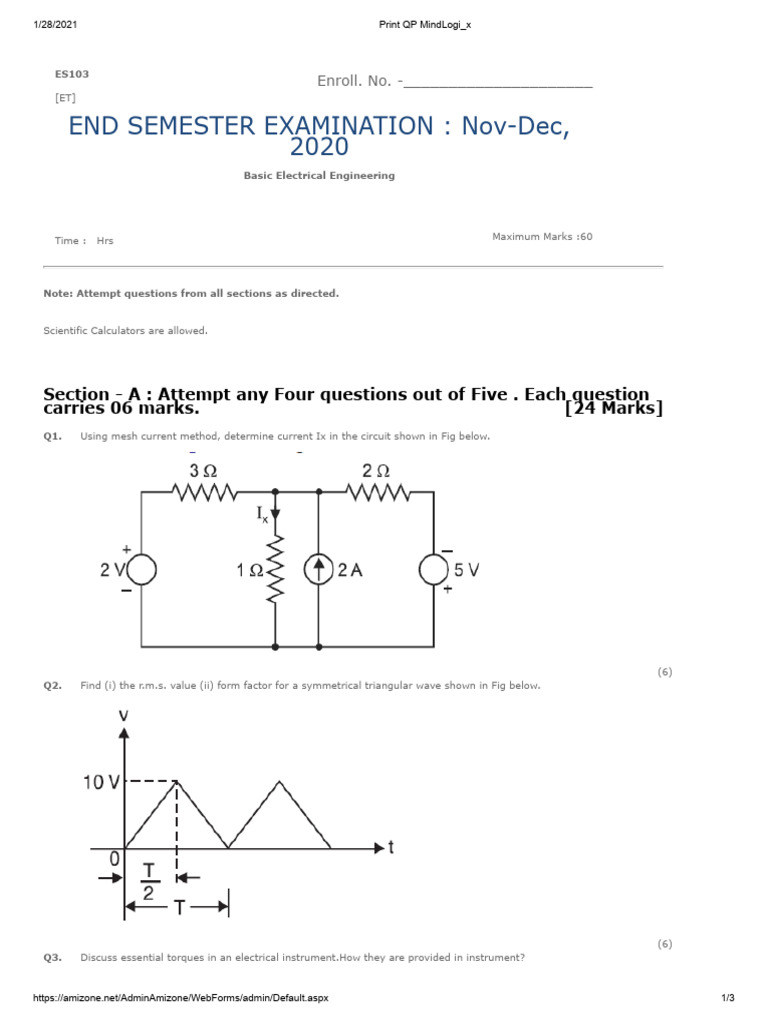 Basic Electrical Engineering Old Question Paper | PDF | Metrology ...