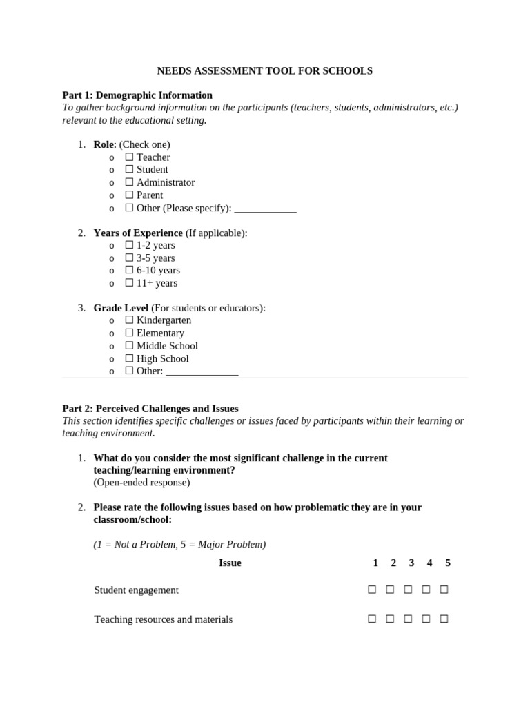 School Needs Assessment Guide | PDF | Teachers | Social Psychology