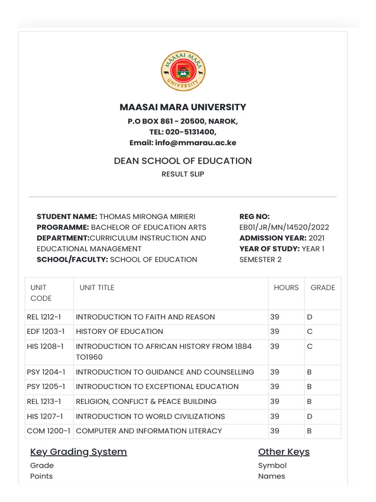Maasai Mara University Result Slip | PDF
