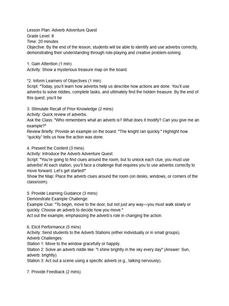 Lesson Plan - Adverbs | PDF | Lesson Plan | Cognitive Psychology