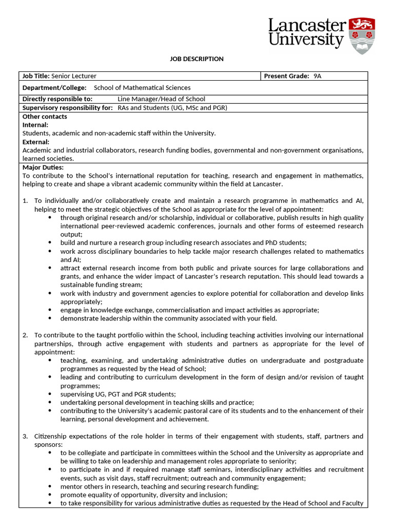 Senior Lecturer Job Description | PDF | University