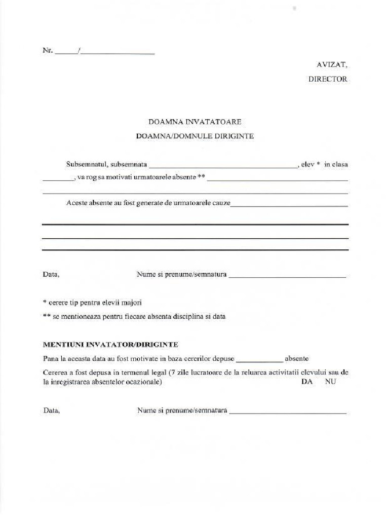 Cerere Motivare Absente Elev Major | PDF