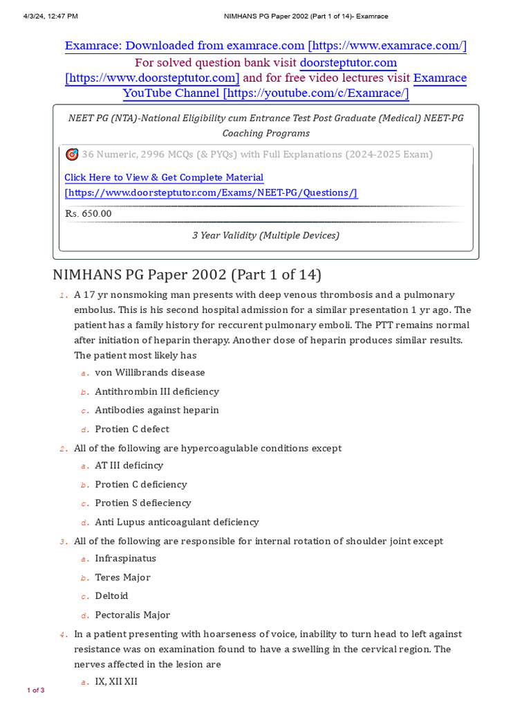 NIMHANS PG 2002 Exam Questions Part 1 | PDF | Medical Specialties ...
