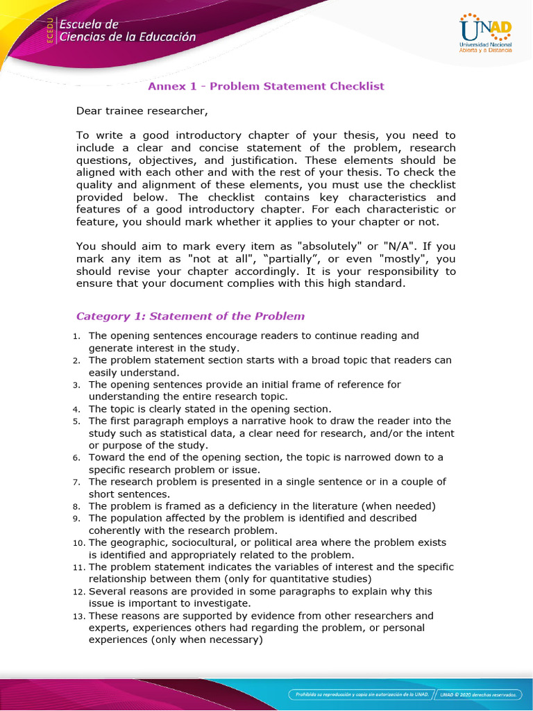 Annex 1 - Problem Statement Checklist | PDF | Cognition | Science