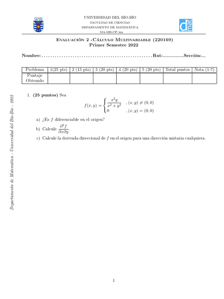 Eval 2 220169 2022 I | PDF | Derivado | Matemáticas