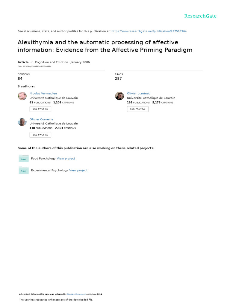 Alexithymia and Automatic Processing From Affective Priming Paradigm ...