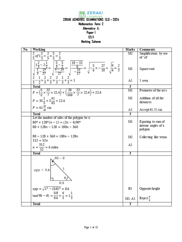Mathematics Marking Scheme Zeraki Achievers 13.0 - July 2024 | PDF | Geometry | Euclidean Geometry