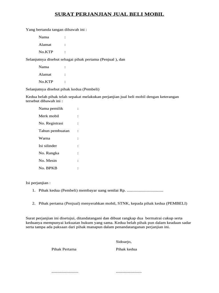 Surat Perjanjian Jual Beli Mobil | PDF | Hukum