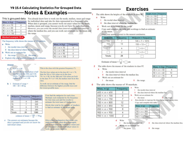 Y9 15.4 (EX) Calculating Statistics For Grouped Data (Teach-In) | PDF