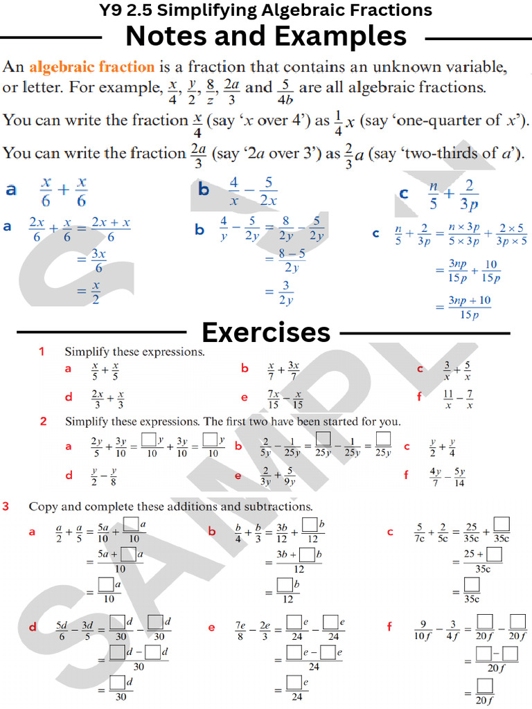 Y9 2.5 (EX) Simplifying Algebraic Fractions | PDF