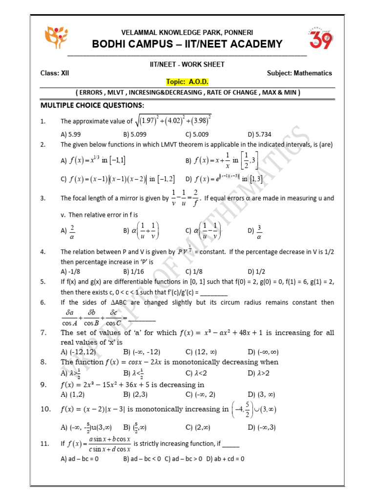 01) A.O.D (Rate Measure, Tangent & Normals) | PDF | Mathematics | Geometry