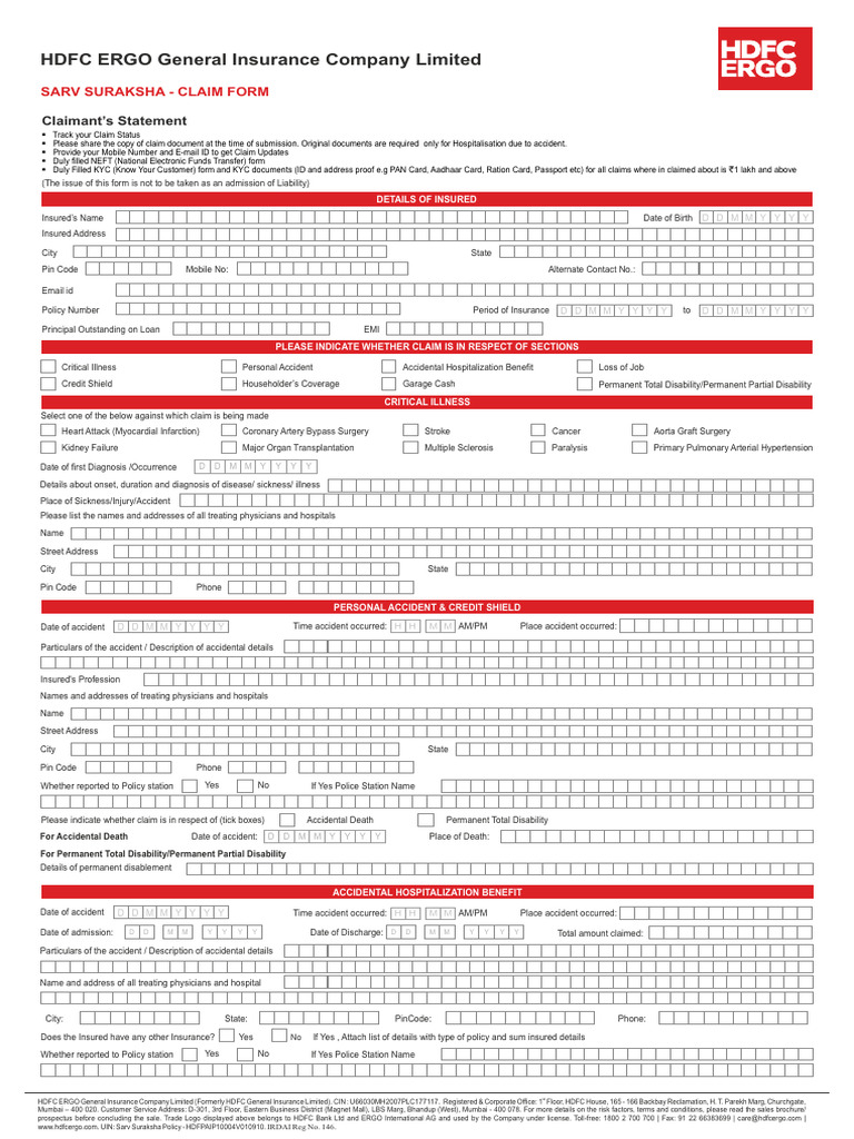 Sarv Suraksha Insurance Claim Form | PDF | Payments | Cheque