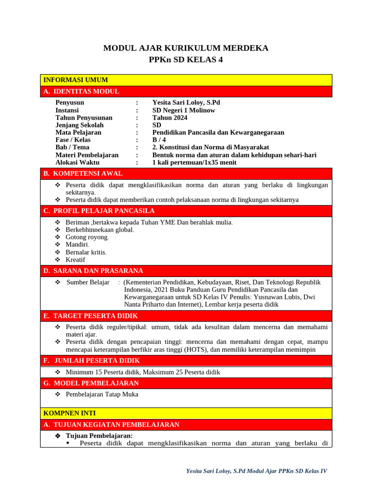 Modul Ajar - Kelas - 4 - PKN Bab 2 Norma | PDF