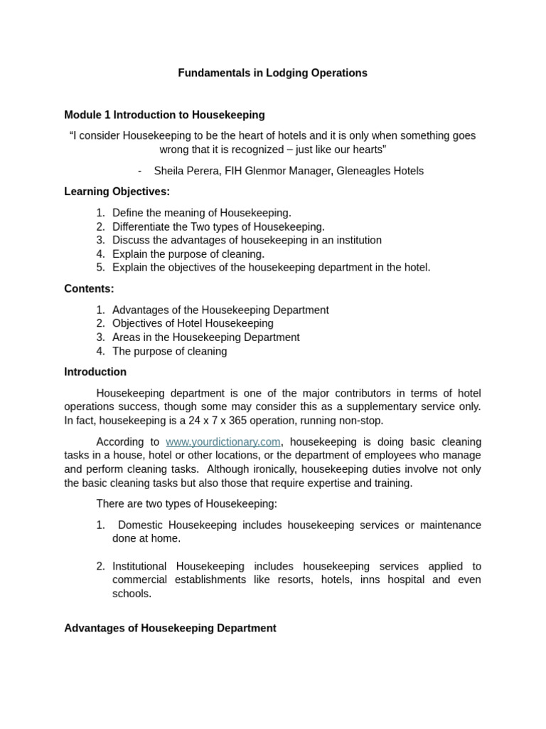 Module2-Introduction-to-Housekeeping | PDF | Housekeeping | Linens